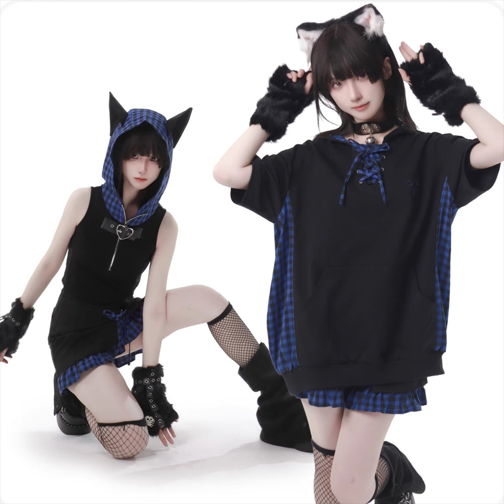 Blue Plaid Cat Ear Outfits